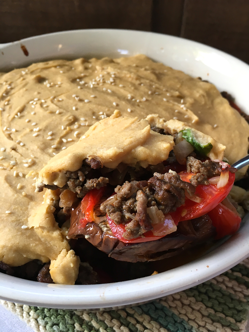 Sinaya Casserole with Eggplant and Hummus – Swirls and Spice